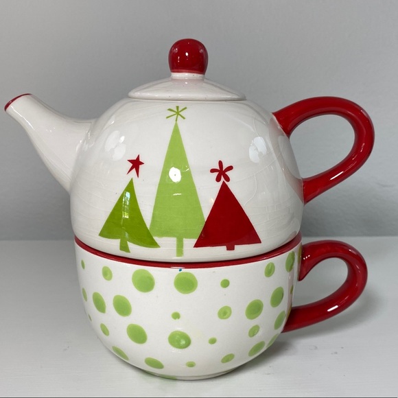 Pier 1 | Dining | Pier Tea For One Christmas Tree Polka Dot Set | Poshmark